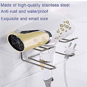 Hair Dryer Holder Wall Mounted Self Adhesive Blow Dryer Holder Stainless Steel Hair Dryer Rack Holder Silber Punching Free Shelf Storage for Bathroom/Bedroom/Washroom