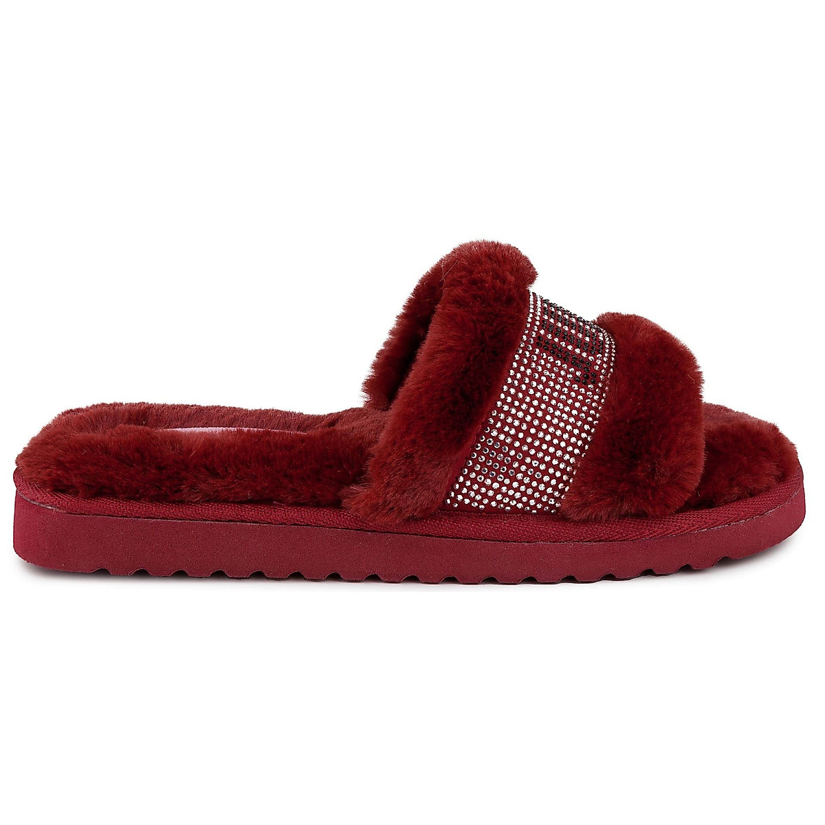 Juicy Couture Women's Slide Sandals With Faux Fur Slipper Sandals, Furry Slides, Womens Slip On Slippers-Halo-Burgundy-6