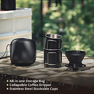 Vandroop Portable Pour Over Coffee Maker Set, Collapsible Silicone Coffee Dripper Set, Perfect for Travel, Camping, Home (BLACK CUP 2CUP)