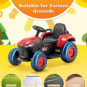 MELLCOM Ride on Tractor, 12V Electric Car Kids Electric Vehicles with Remote Control and Trailer, Ride On Car with 30W Dual Motors, Ride on Toys with Cool Lights, Music,USB, Red