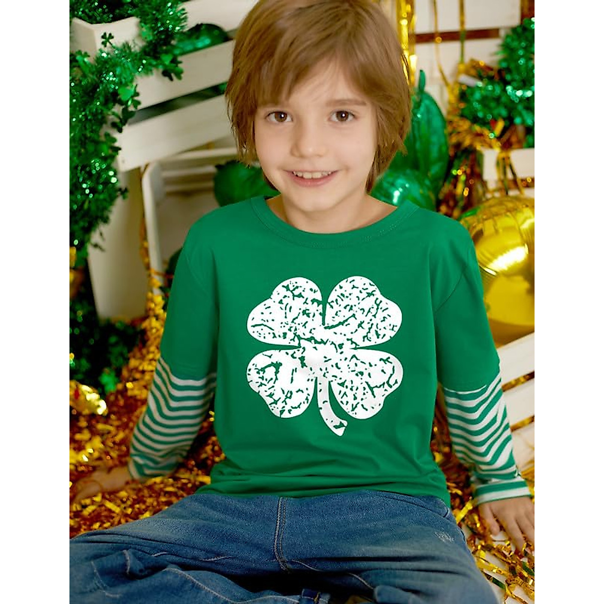 BesserBay Boy's Sanit Patricks Day Clover Shirt Irish Long Sleeve Green Top for Girls 9-10 Years