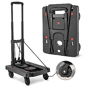 KOSTANZO Folding Hand Truck - Lightweight Dolly Cart with 4 Wheels & 2 Elastic Straps, Collapsible Luggage Cart with Adjustable Handle of 3 Levels for Traveling, Offices, Shopping (15.8" x 12.6")