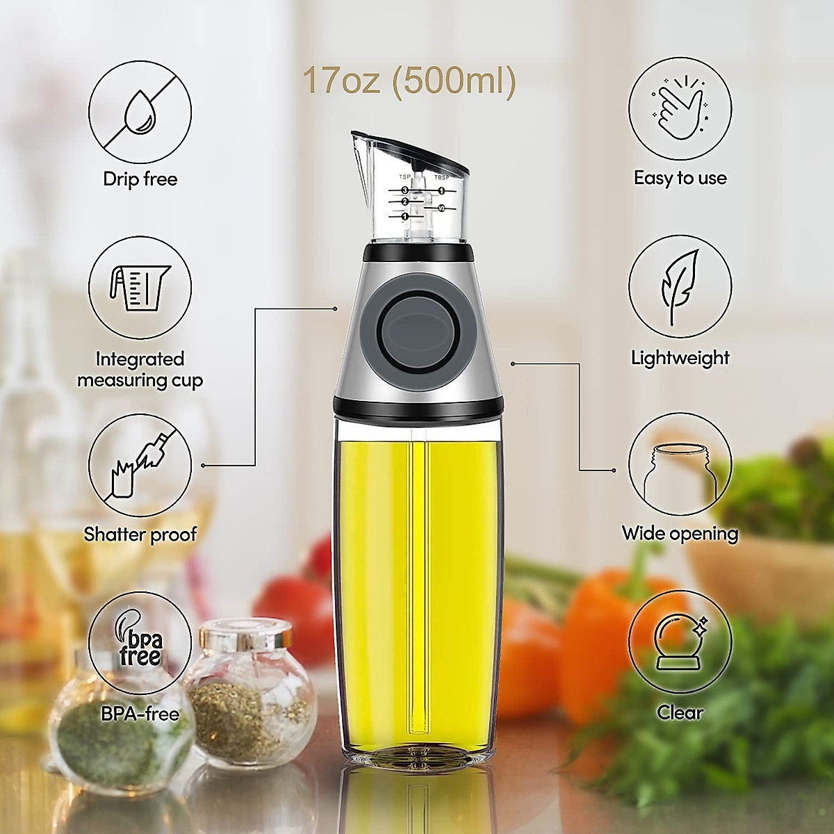 KITWILD Oil Dispenser Bottle for Kitchen, 17oz Olive Oil Dispenser, Cooking Oil and Vinegar Dispenser Bottle Oil Sprayer Bottle Clear Glass Refillable with Measuring Scale Pump