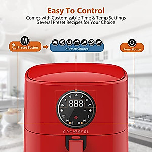 CROWNFUL 5 Quart Air Fryer, Electric Hot Oven Oilless Cooker，LCD Digital Touch Screen with 7 Cooking Presets and 53 Recipes, Nonstick Basket，1500W ETL Listed (Red)