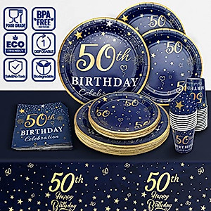 algpty 50th Birthday Decorations Plates and Napkins Blue and Gold, Service for 30, Birthday Party Bundle Includes Navy Blue Plates, Napkins, Cups 50th Birthday Supplies for Men Women