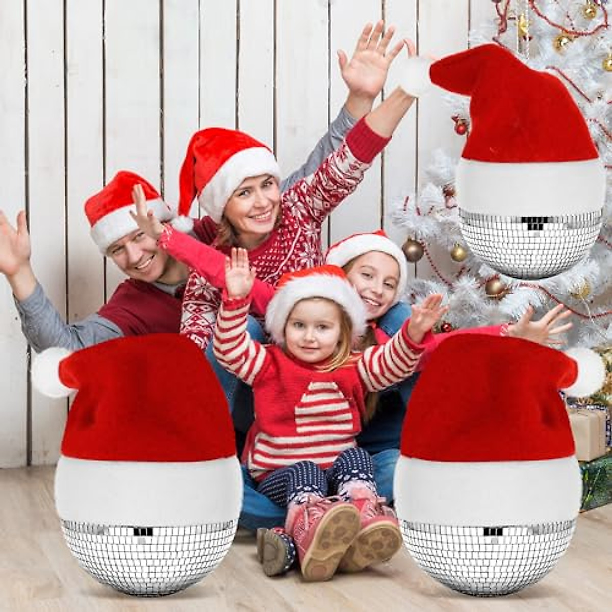 Liliful 2 Pcs Christmas Large Disco Ball Ornament With Santa Hat Silver Hanging Reflective Disco Ball for Party (12'', 8'')