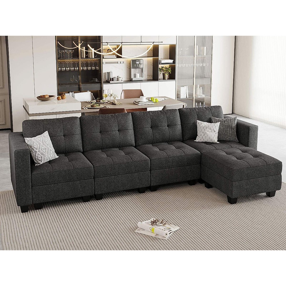 Belffin Convertible Modular Sectional Sofa Couch with Storage Seat L Shaped 4-Seat Sofa Couch with Reversible Chaise Modular Sectional Fabric Dark Grey