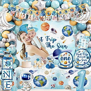 cocomigo 190pcs First Trip Around The Sun Decorations Set, Include Balloon Arch Kit, Backdrop, Plates, Tablecloth, Ballon Box, Etc, for 1st Trip Around The Sun Birthday Decorations Baby Shower