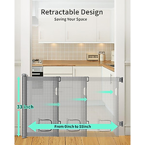 GROWNSY Retractable Baby Gates, Pet Gate with Cat Door - 33" Tall, Extends to 55" Wide Dog Gate for Stairs, Mesh Baby Gate with Door for Cats/Small Dogs, Easy Install for Doorways, Indoor &Outdoor