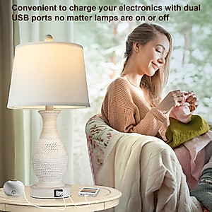 PARTPHONER 【Upgraded】 Table Lamps Set of 2, Bedside Touch Lamp with USB C+A Charging Ports, Side Table Lamp with White Fabric Shade (LED Bulbs Included)