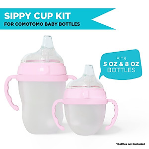2 Pack Pink Soft Spout Sippy Cup - Transition Sippy Cup Kit for Comotomo 5 & 8 Oz Bottles - Conversion Kit Fits 5 Ounce and 8 Ounce Bottles - Baby Bottle Nipple with Weighted Straw and Bottle Handles