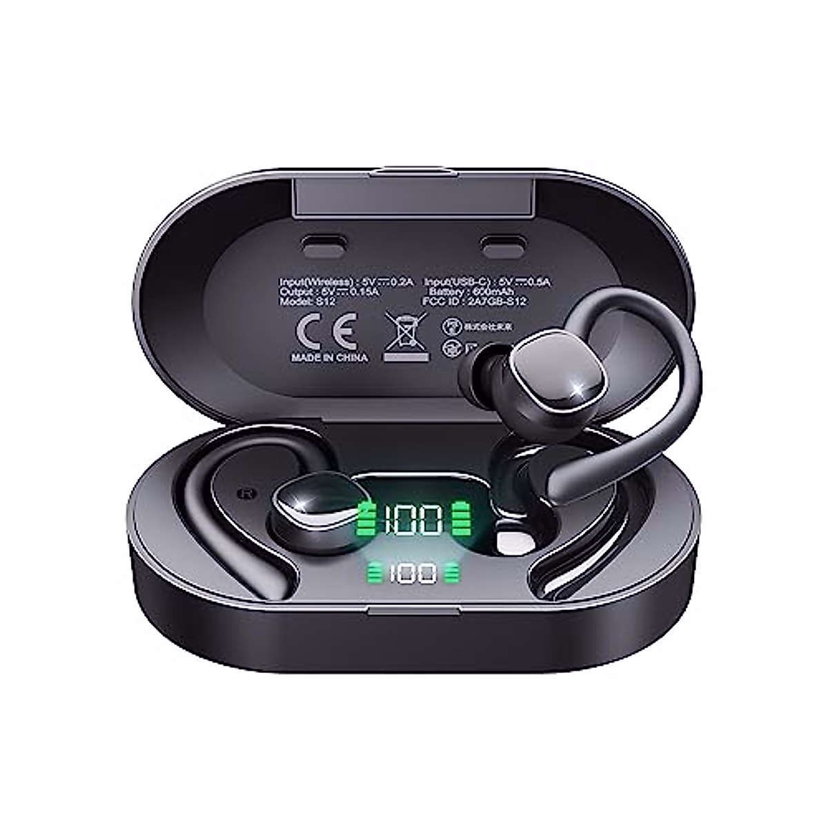 Psier Wireless Earbuds Sports Headphones 4 Mic Clear Calls 60H Playtime Ear buds Supports Charging Dual LED Power Display Flexible Earhooks IPX7 Waterproof Earphones for Running, Gym