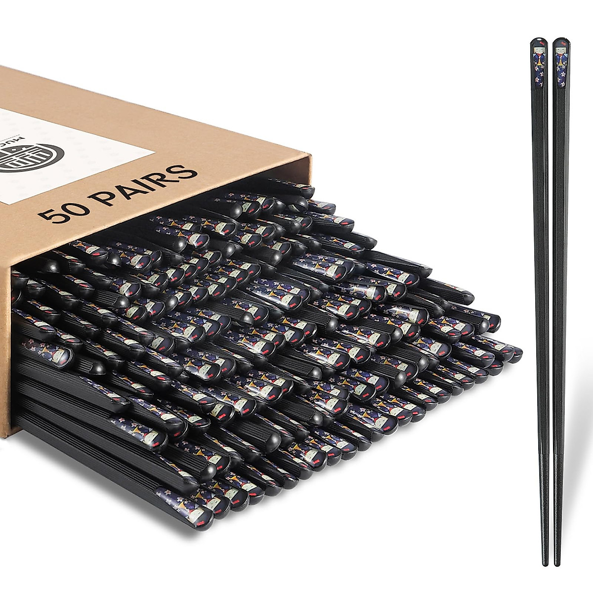 Muguning 50 Pairs Fiberglass Chopsticks Series - Reusable Classic Japanese Korean Style Chop Sticks, Dishwasher Safe for Sushi, Anti-slip, Lightweight, 9.4inches-Black