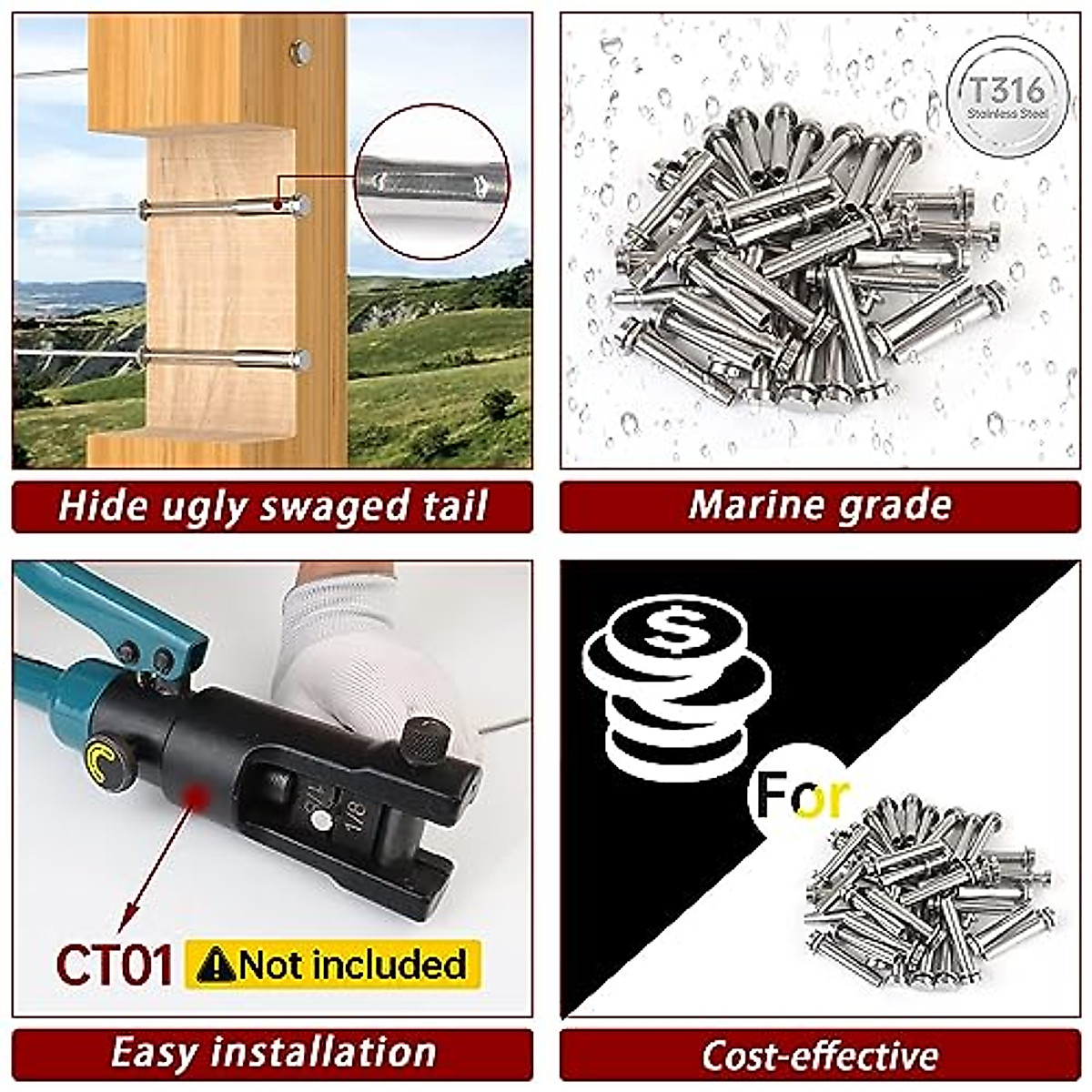 Muzata 20Pack 1/8" Stemball Swage Dead End Invisible Cable Railing Kit Terminal for Wood Stair Deck Hardware End Fitting T316 Stainless Steel CR24, CV1 CV2