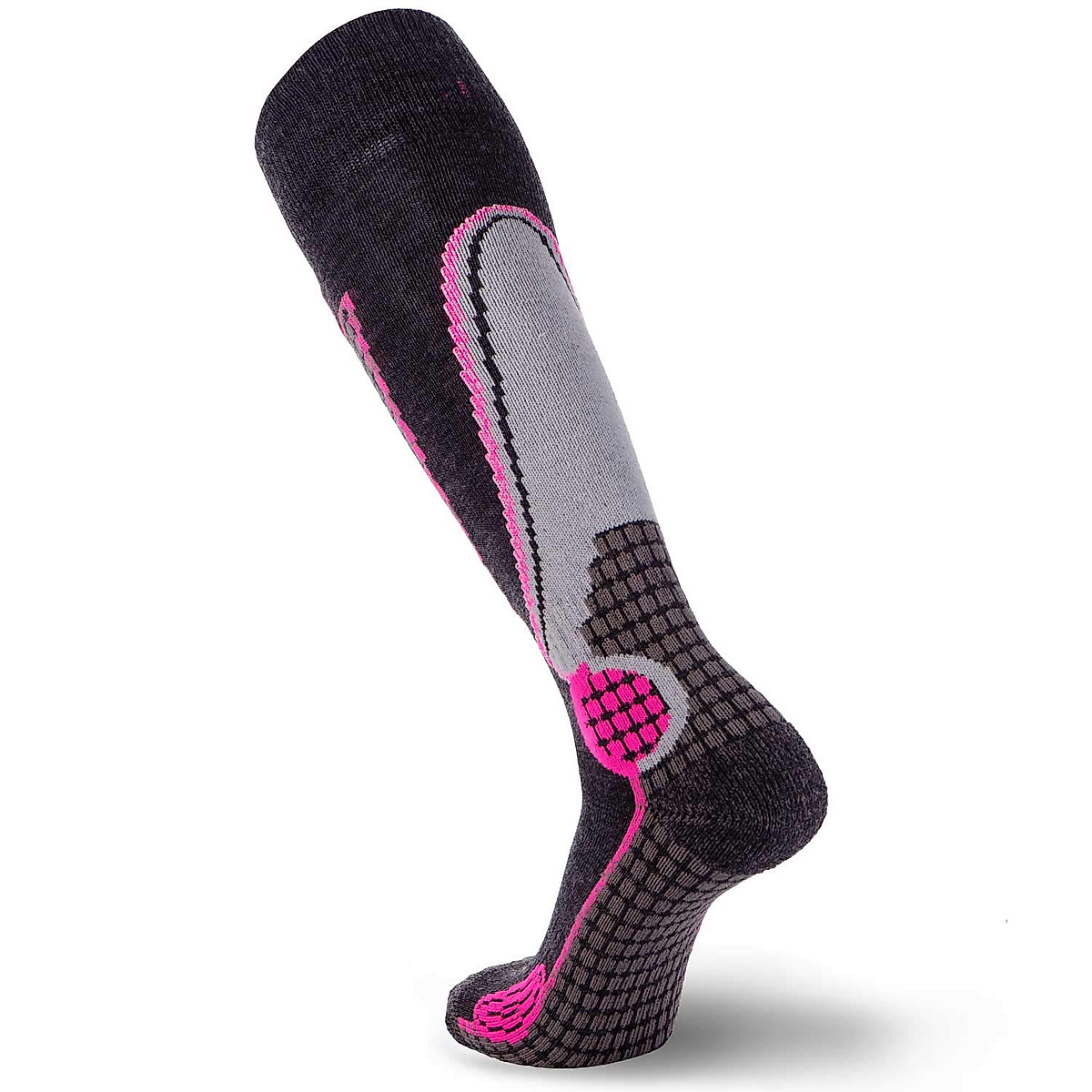 Pure Athlete High Performance Wool Ski Socks - Thermal Warm Merino Wool OTC Sock, Men Women (1 Pair - Black/Grey/Neon Pink, Medium)