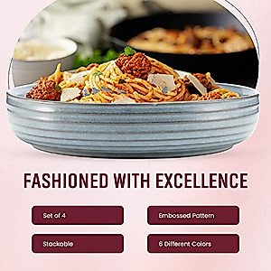 American Atelier Pasta Bowls Set of 4-20 oz, Microwave and Dishwasher Safe, Wide Shallow Stoneware Salad Bowl Set, Dinnerware Plates for Serving Dinner, Kitchen, and Eating (Light Blue)