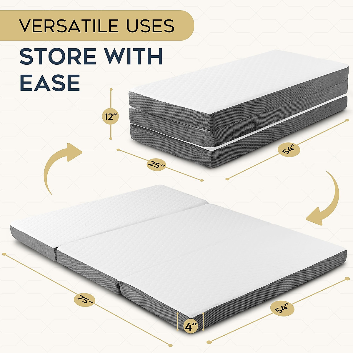 Tri Folding Mattress with Memory Foam Layer - 4 Inch Trifold Foldable Bed Mattress with Washable Cover | Full Size 75" x 54" x 4" Non-Slip Bottom Camping Floor Mattress Perfect Guest Bed