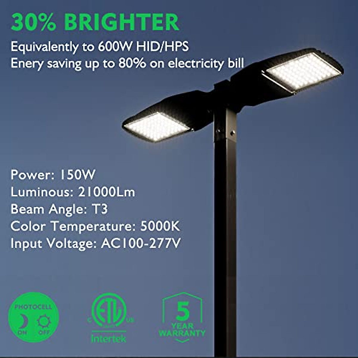 bulbeats 4Pack 150W LED Parking Lot Light (Eqv 600W HID/HSP) 5000K LED Pole Light with Dusk to Dawn, Energy Saving 1100K*4kW/Y(5Hrs/Day) IP65 Waterproof Outdoor Area Light-ETL Listed