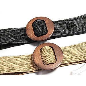 Women's Summer Straw Wide Waistband Wood Buckle Elastic Casual Adjustable Belt (Beige)