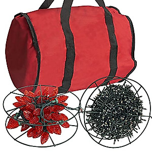 Dazzle Bright Christmas Lights Storage Bags, 3 Metal Reels to Store Holiday Christmas String Lights, Red Tear Proof Oxford Fabric Zip up Bag with Reinforced Handles