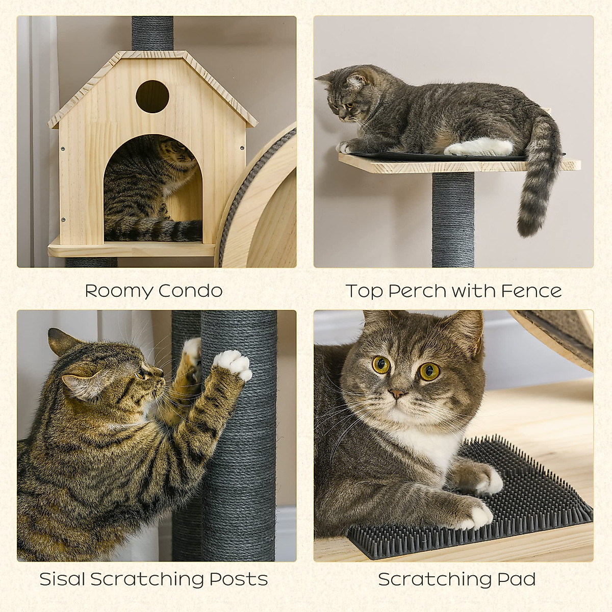 PawHut 56" Cat Tree Activity Condo Luxury Pine Wood with Hamster-Wheel, Sisal Scratching Posts, Elevated Perches, & Roomy Interior