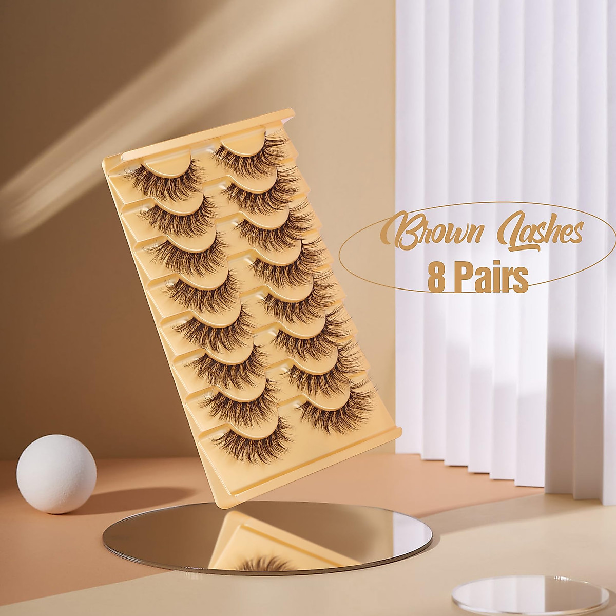 Brown Lashes Strip Natural Looking Cat Eye Lashes Brown Eyelashes Wispy Fluffy Clear Band Brown Eye Lash Pack 8 Pairs