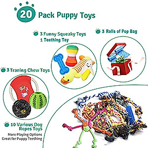 Dog Puppy Toys, Value Puppy Chew Toys for Med to Small Dogs with Interactive Dog Rope Toys, Dog Treat Dispenser Ball, Dog Squeak Toys, Tug of War Toys for Fun and Teeth Cleaning Dog Chew Toys(20 Pack)