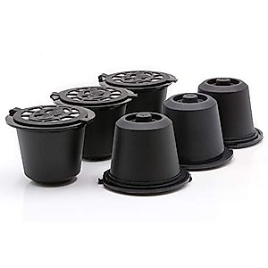 i Cafilas 6 Reusable Capsules Pods Refillable Coffee Capsule Filter Compatible Nespresso coffee machines with Coffee Spoon brush (6, Black)