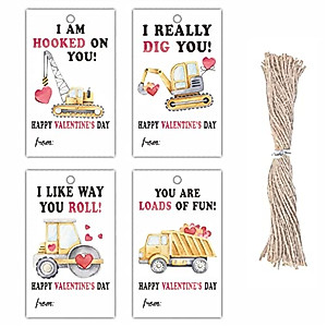 Valentine's Day Gift Tag, Construction Theme Valentine Hang Tags with Strings(40 Pack), Happy Valentine's Day Gift Wrapping Decorations and Supplies for Boys Girls(QRJDP-001)