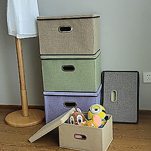 YJMZ Green Storage Bins With Lids 3 Pack,[17.3x11.8x11.8''],Linen Fabric Collapsible Storage Bins Large,Storage Containers For Organizing.Storage Box Suitable For Living Room, Bedroom, Garage, Closet，Shelf