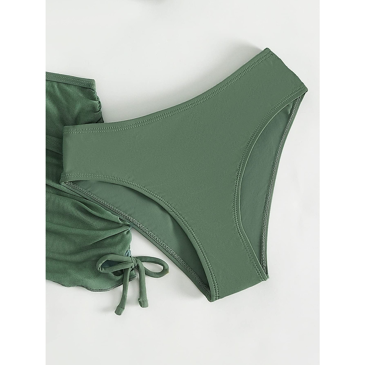 COZYEASE Girls' 3 Piece Plain Swimsuit Wrap Bikini with Ruched Cover Up Skirt Set Olive Green 9Y