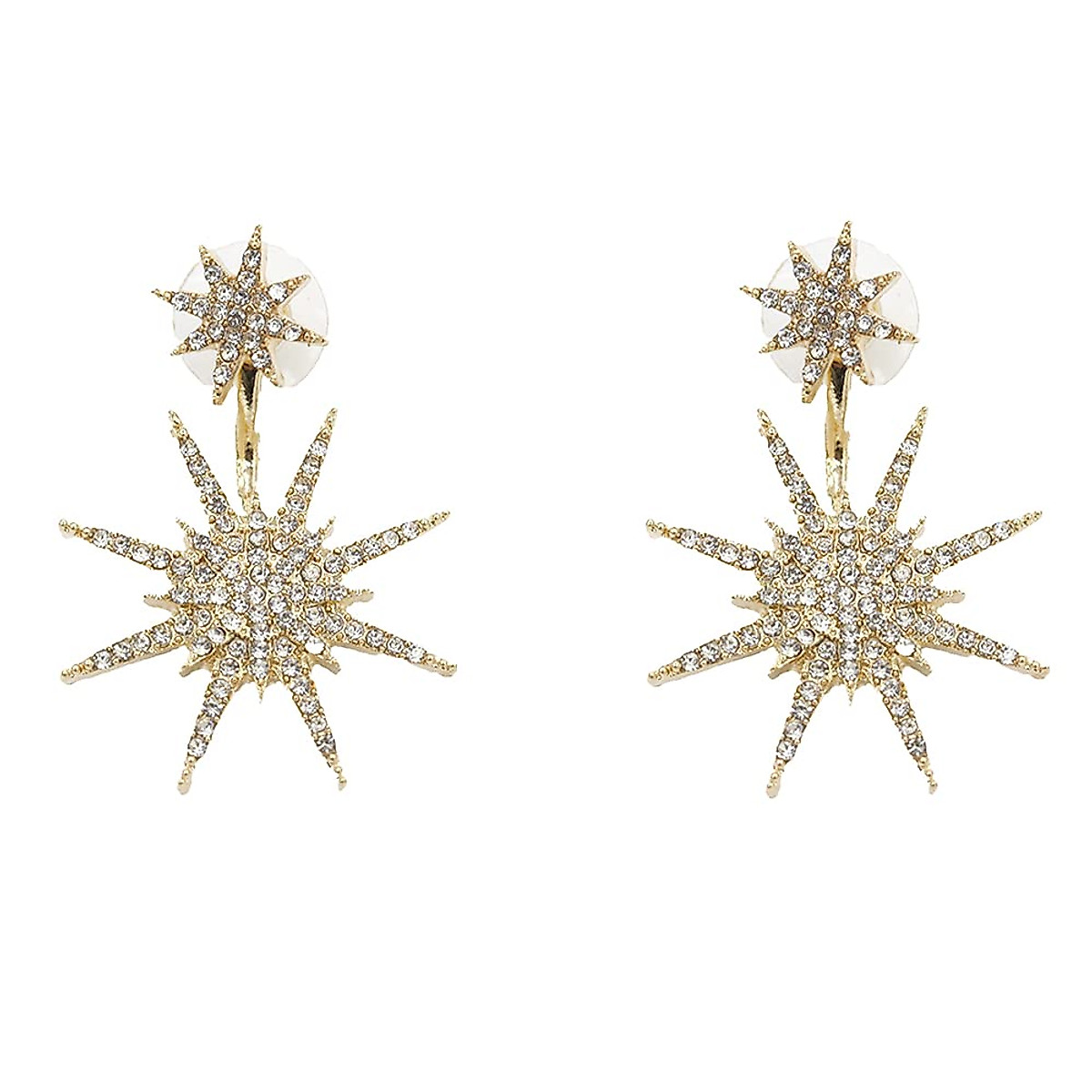 Jumwrit Starburst Rhinestone Earrings Star Dangle Earrings Rhinestone Punk Earrings Statement Drop Earrings for Women（Gold）