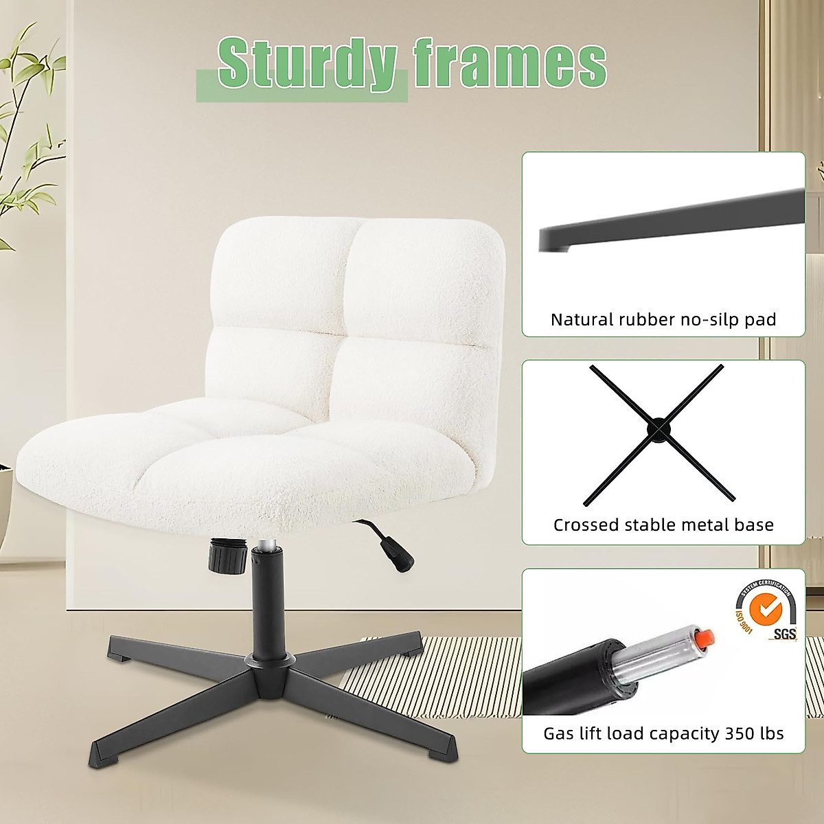 Criss cross chair, Thickened soft cushion,Cross-legged office chair in velvet fabric without arms and without wheels, adjustable tilt, height, make-up, office, home can use crisscross chair.（White）