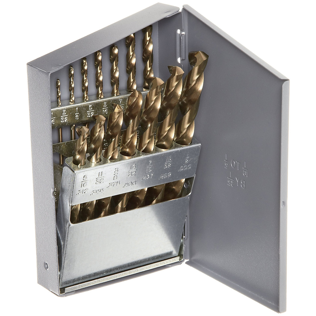 Chicago Latrobe - 57852 1U200 550 Series Cobalt Steel Jobber Length Drill Bit Set with Metal Case, Gold Oxide Finish, 135 Degree Split Point, Inch, 15-piece, 1/16" - 1/2" in 1/32" increments