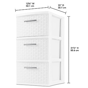 HErtL 3-Drawer Wide Weave Design Storage Tower, White Frame & Drawers w/Driftwood Handles,Case of 1 (White)