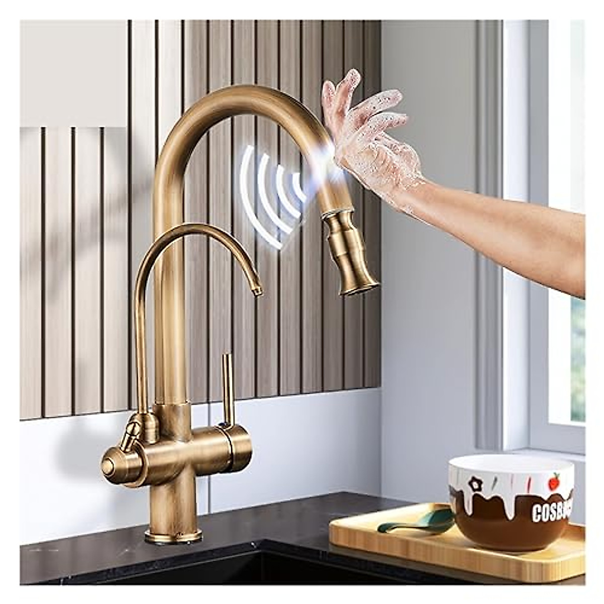Touch Sensor Filtered Water Kitchen Faucet Antique Brass Spout Mixer Faucet with Swivel Pure Water Crane for Kitchen(Black Gold)