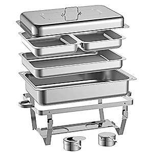 Famistar 6 Packs Buffet Chafer Set - Stainless Steel 4 Round Chafing Dish + 2 Rectangular Chafers Foldable Frame Full Size with 2 Half Size Pan - Buffet Catering Dinner Serving Buffer Warmer Set