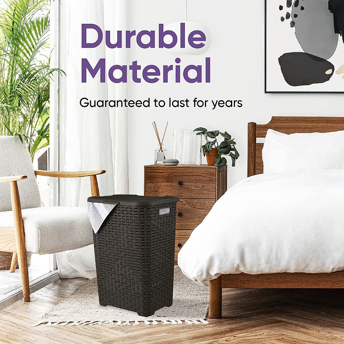 Plastic Laundry Hamper with Lid Laundry Hamper Basket, Brown Tall Cloths Hamper Organizer with Cut-out Handles. Space Saving for Laundry Room Bedroom Bathroom, Wicker Design 60 Liter