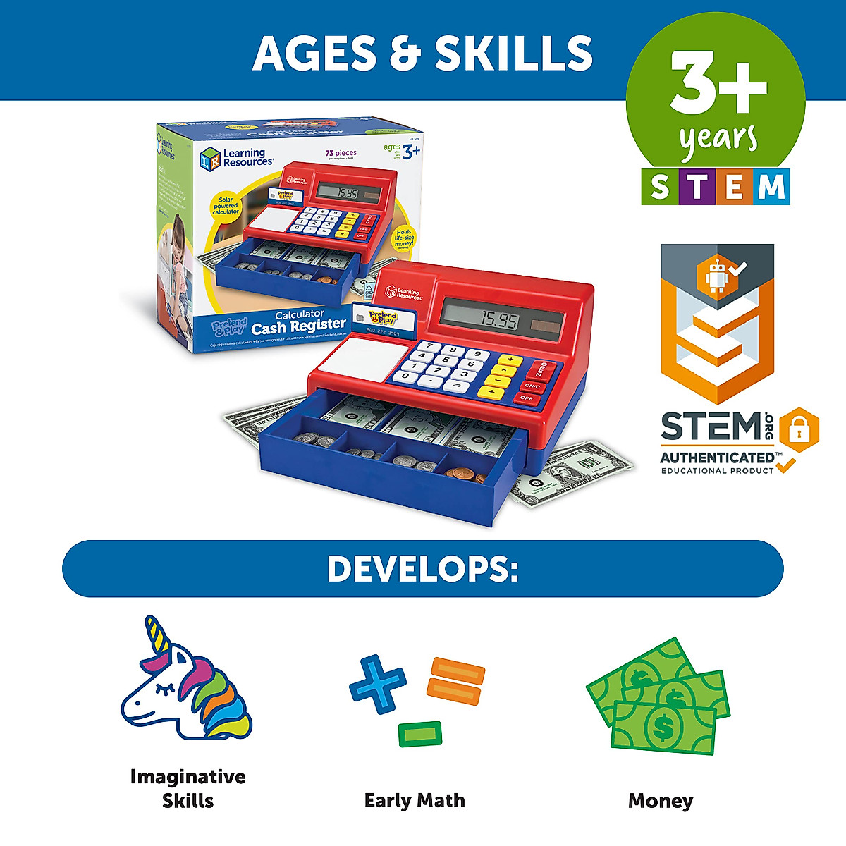 Learning Resources Pretend & Play Calculator Cash Register - 73 Pieces, Ages 3+ Develops Early Math Skills, Play Cash Register for Kids, Toy Cash Register, Play Money for Kids