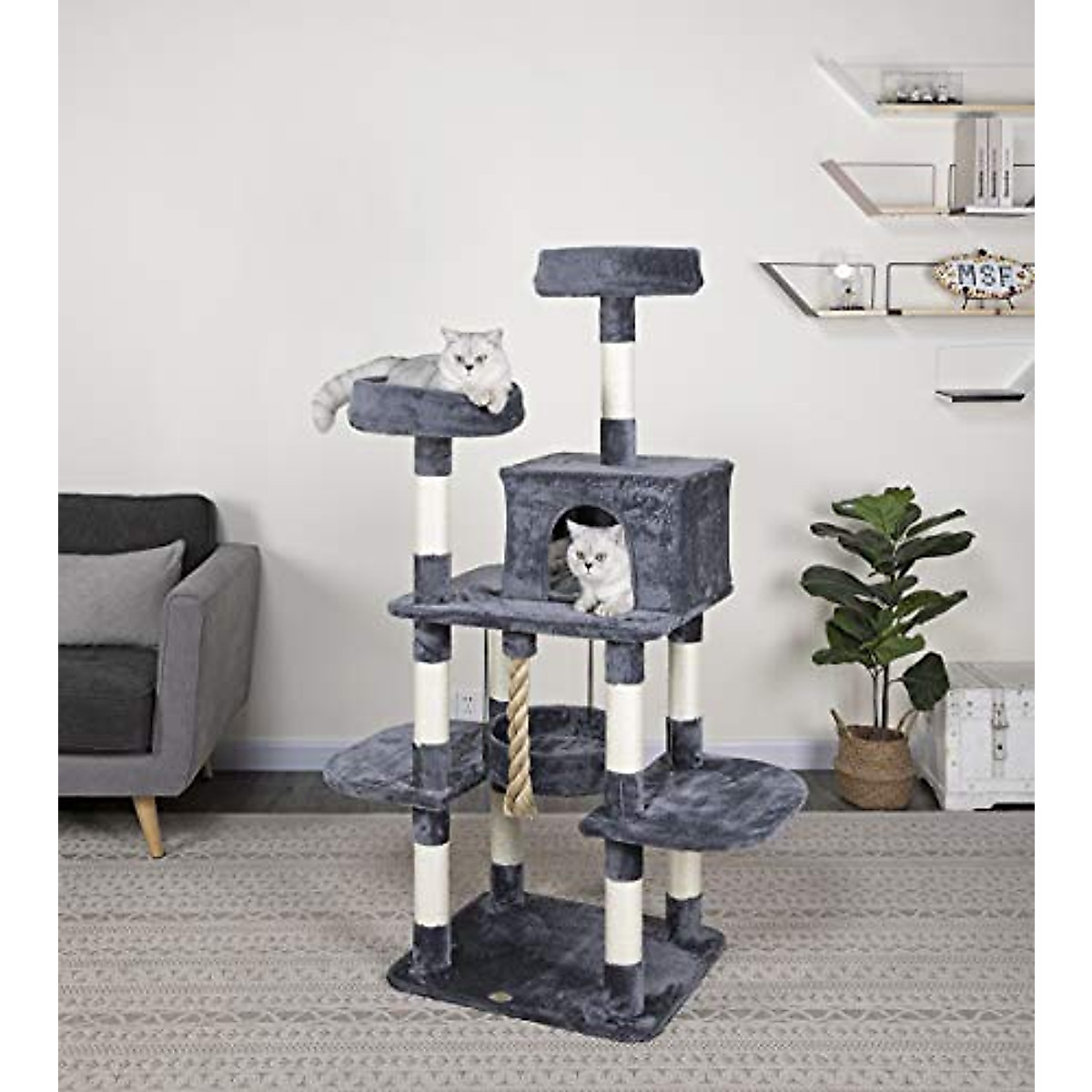 Go Pet Club 61.5" Jungle Rope Cat Tree Kitty Condo Tower House Furniture with Swing Bed for Indoor Cats, Slate Gray