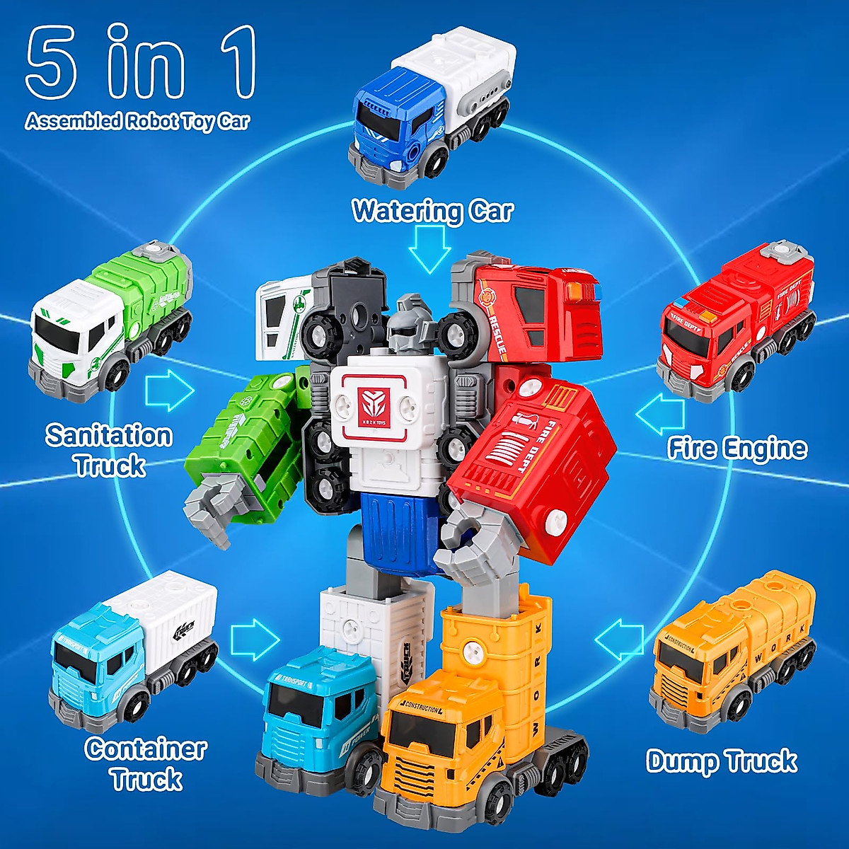 LOGOPLAY Trans-Former Robot Construction Vehicle Toy, 5 in 1 Toy Construction Vehicle Transformador Robot Toy, Trans Former Toy for Kids, Birthday Gift for 5 6 7 8 9 10 Years Old Boys and Girls