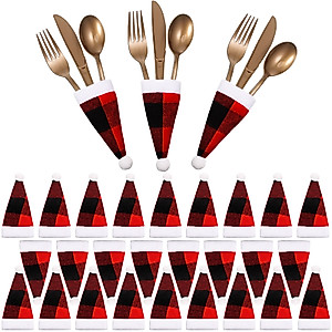 Sawysine 36 Pcs Christmas Santa Hats Silverware Holders Plaid Xmas Dinnerware Decorations Table Supplies Flatware Organizers Decor for Cutlery Party Dinner