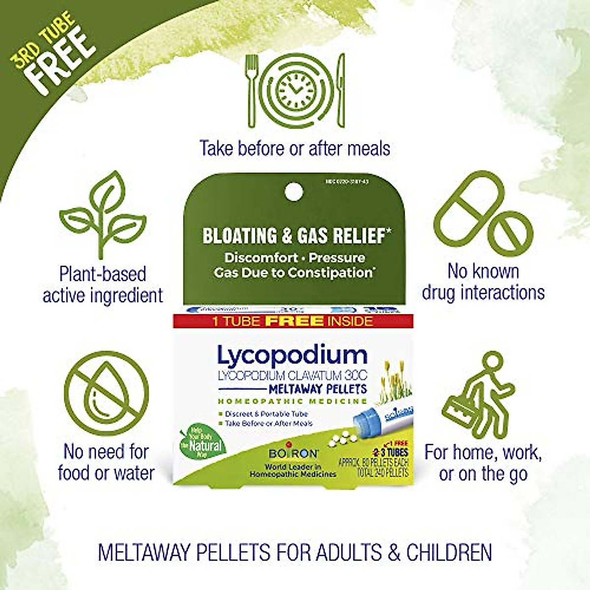 Boiron Lycopodium Clavatum 30C Homeopathic Medicine for Relief from Bloating, Gas Relief, and Stomach Pressure or Discomfort, 3 Count (Pack of 1) (Total 240 Pellets)