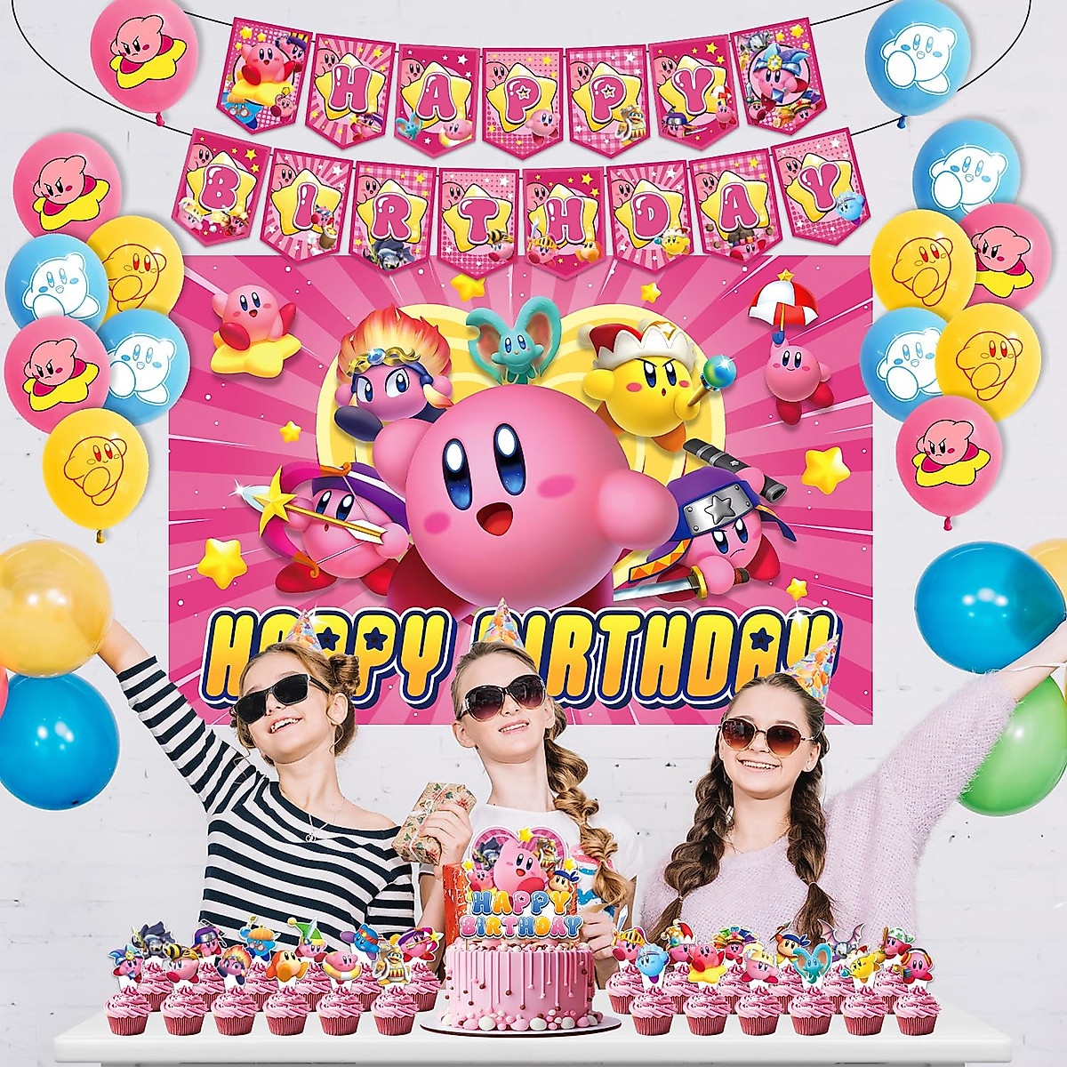 Kir-Star Birthday Party Decorations,Happy Birthday Banner Set for Kids,Cupcake Toppers,Balloons Party Supply