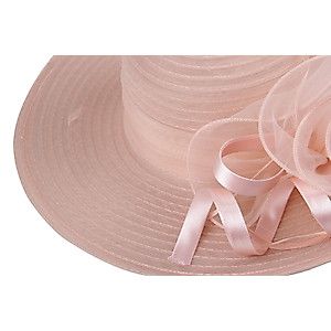 Dantiya Womens Organza Wide Brim Floral Feather Ribbon Kentucky Derby Church Dress Sun Hat, Flesh Pink Free