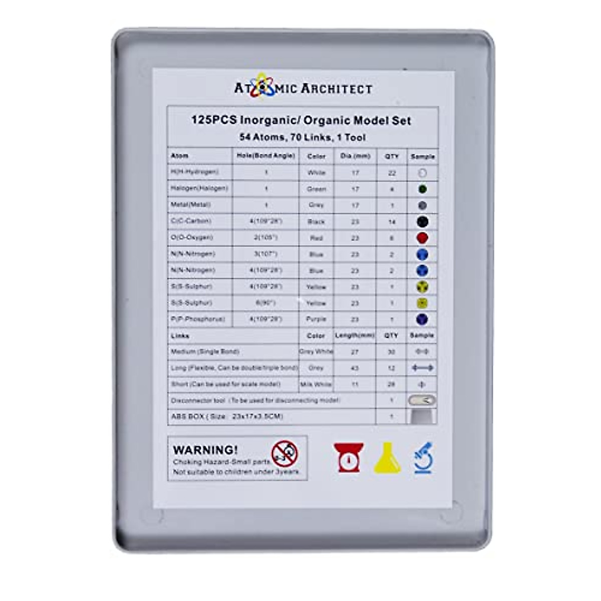 125-Piece Molecular Model Kit, Inorganic and Organic Chemistry Scientific Atom Molecular Models, Color-Coded Chemistry Set of Atoms and Molecules for Kids, STEM Set w/ Carrying Case - Atomic Architect