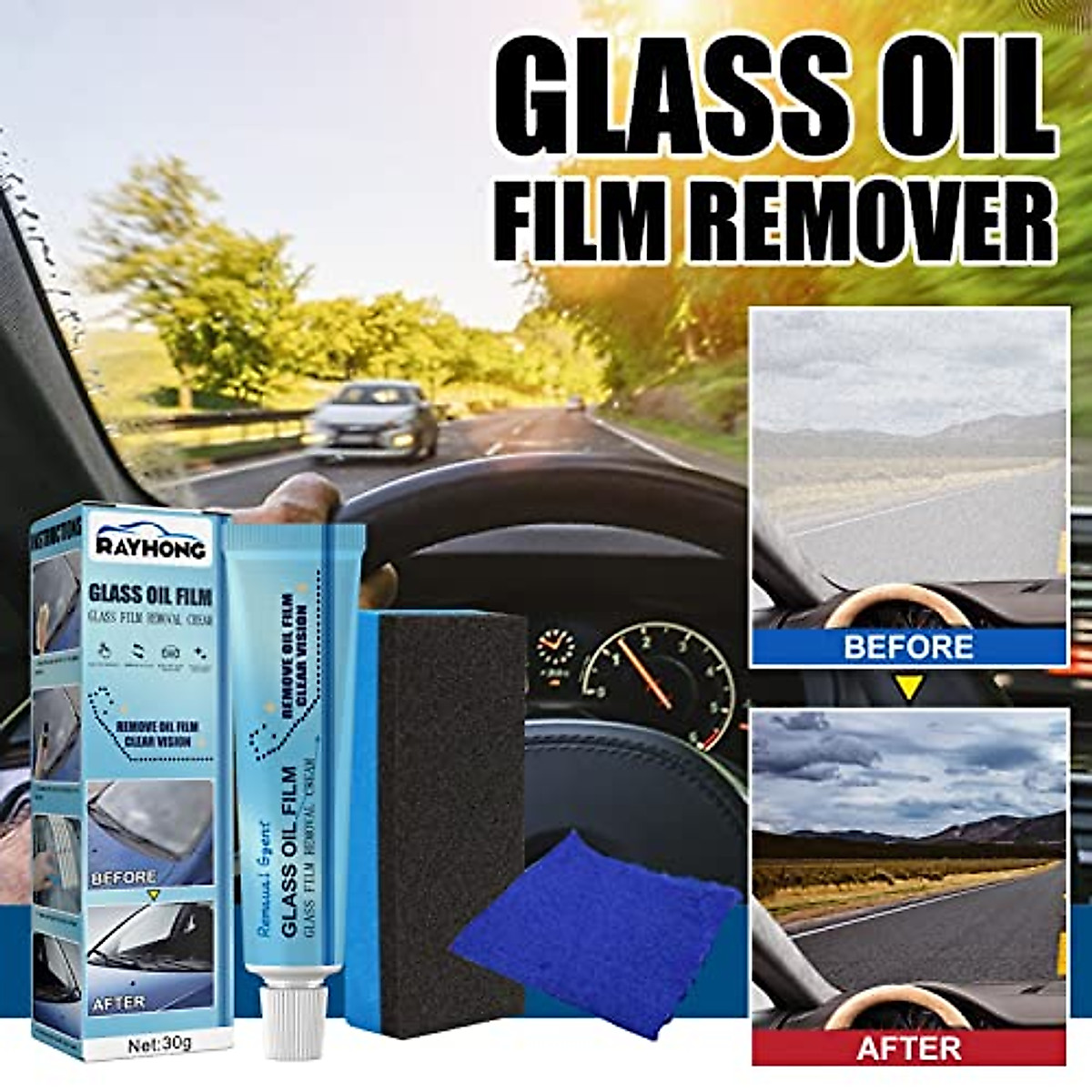 30g Car Glass Oil Film Cleaner Safety and Long-term Protection Glass Oil Film Remover for Car Waterproof Glass Film Removal Cream Powerful Car Glass Cleaner with Sponge B
