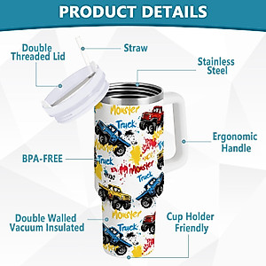 Emelivor Colorful Monster Trucks 30 oz Tumbler with Lid and Straw Insulated Tumblers with Handle Leak Proof Coffee Tumbler Mug Large Water Bottles for Hot or Ice Coffee Tea
