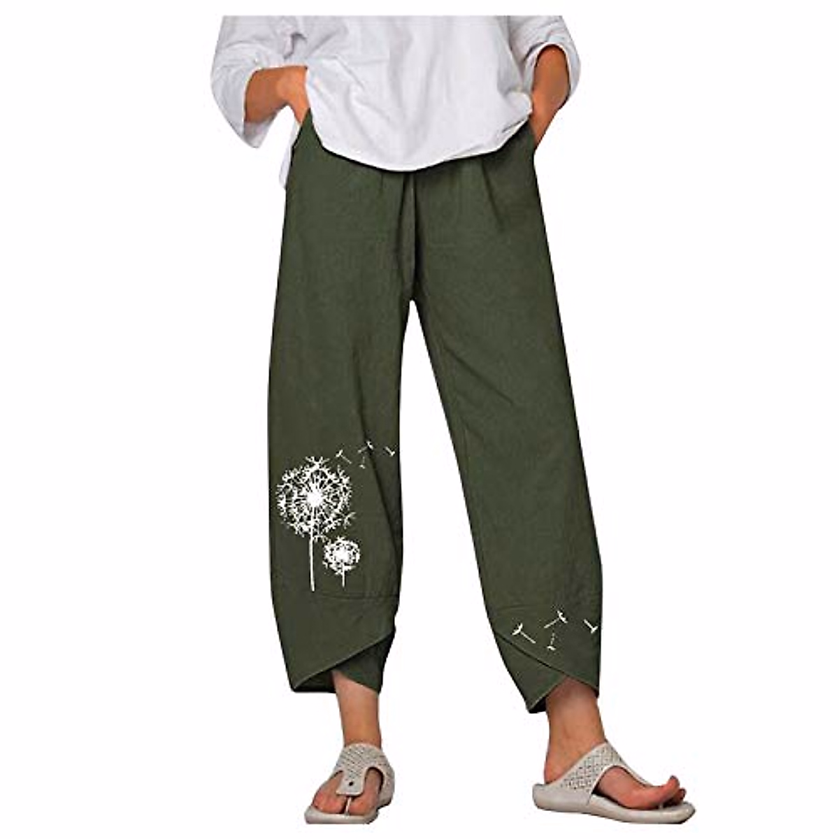 Sdeycui Women's Casual Flowers Print Elastic Girdle Waist Wide Leg Pants Trousers(Green, XXL)