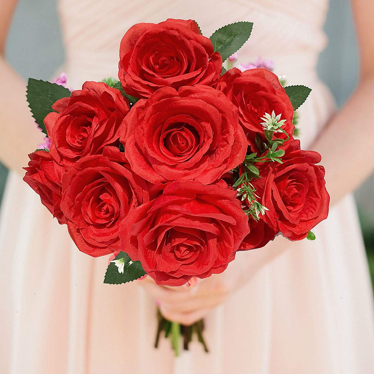 KONCHILE Artificial Roses Bouquet Silk Flower 10 Branch 10 Heads Big Fake Rose Wedding Bridal Floral Arrangement Home Office Party Garden Decor